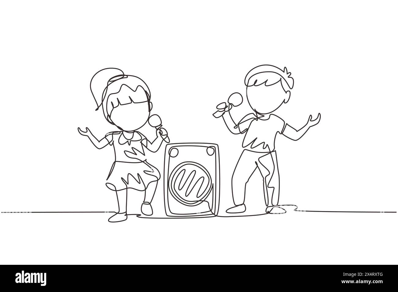 Single one line drawing little boy and girl sing a song together. Good ...