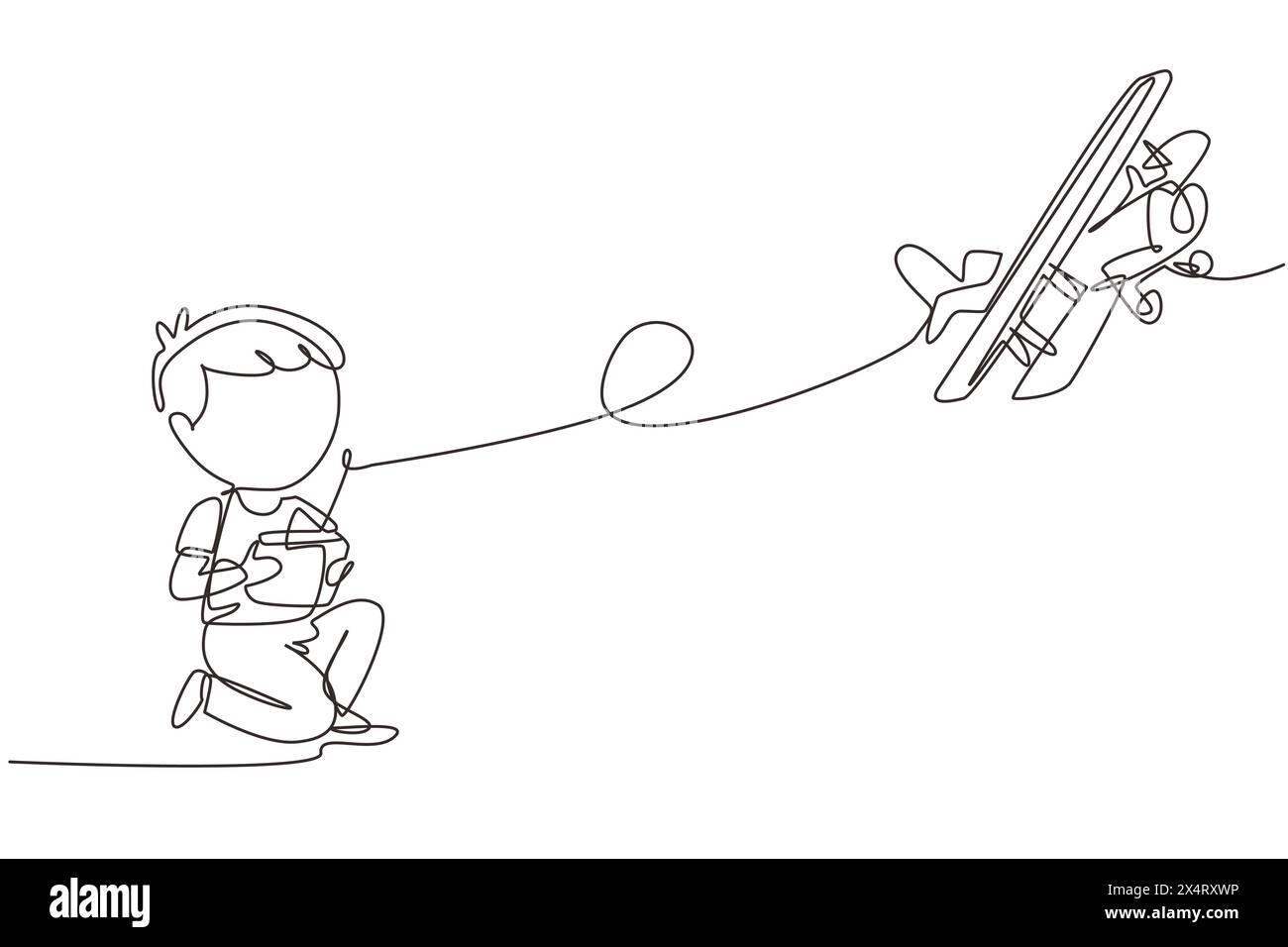 Single one line drawing boy playing with radio control airplane ...
