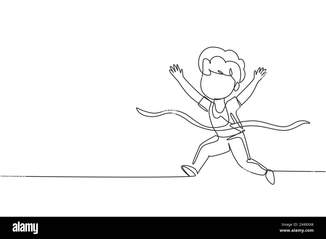 Single continuous line drawing cute boy run in race and win first place ...