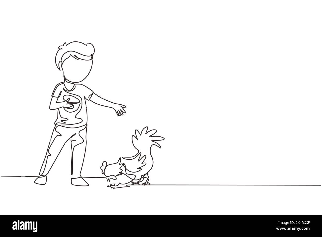 Continuous one line drawing little boy feeding chicken on chicken farm ...