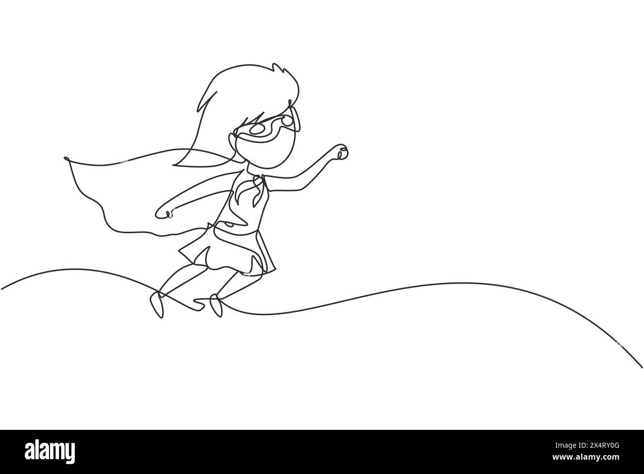 Continuous one line drawing cute super girl. Little girl dressed as ...