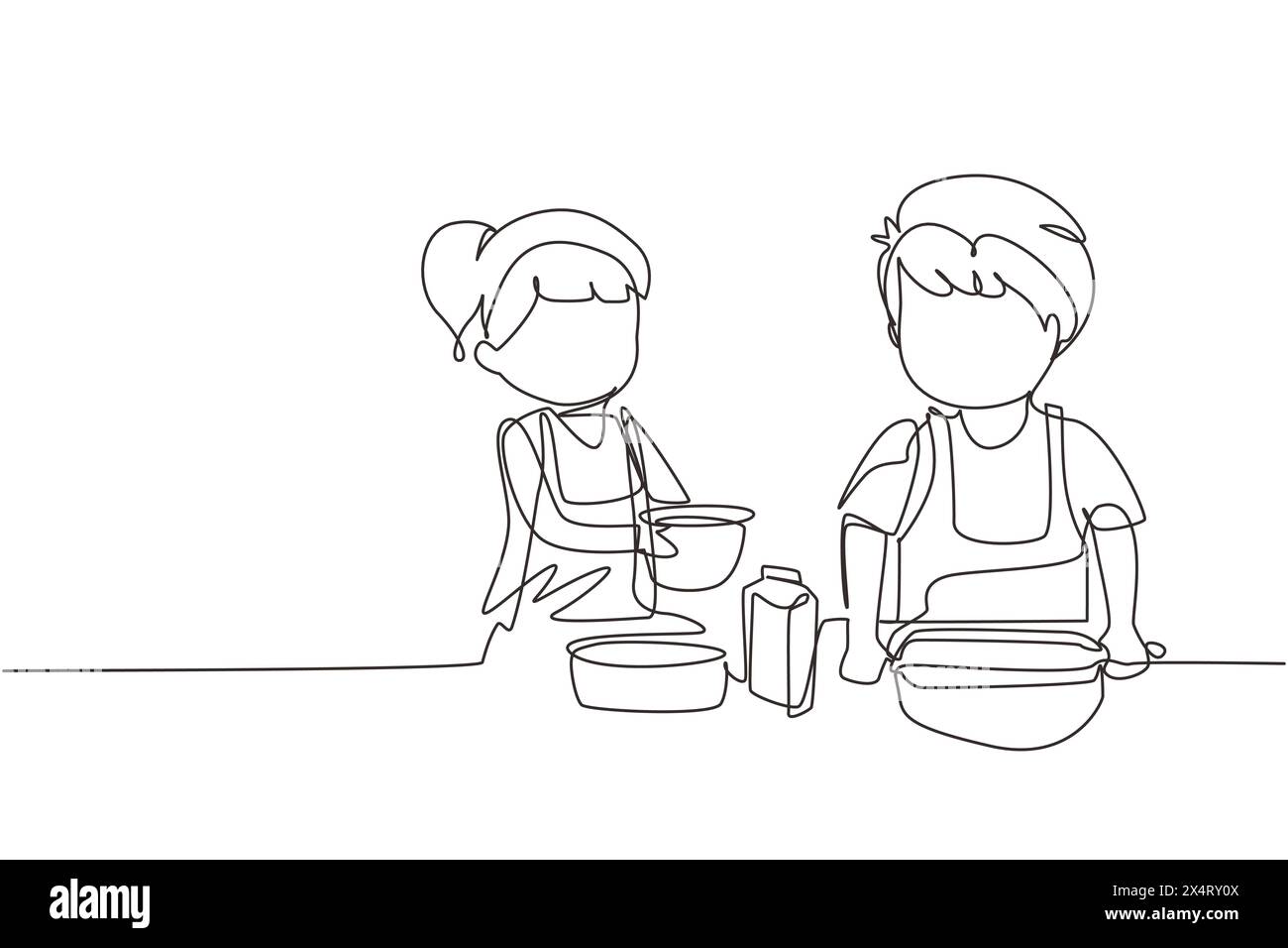 Continuous one line drawing siblings boy and girl baking together with ...
