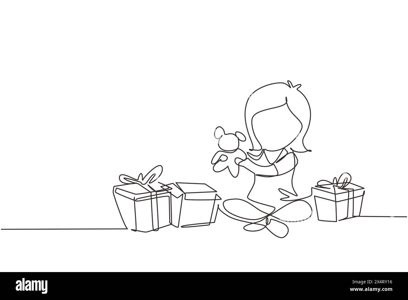Continuous one line drawing excited little girl kid opening wrapped ...