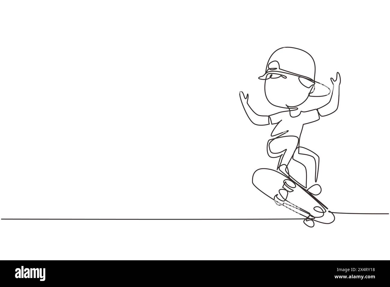 Continuous one line drawing happy smiling boy playing on skateboard ...