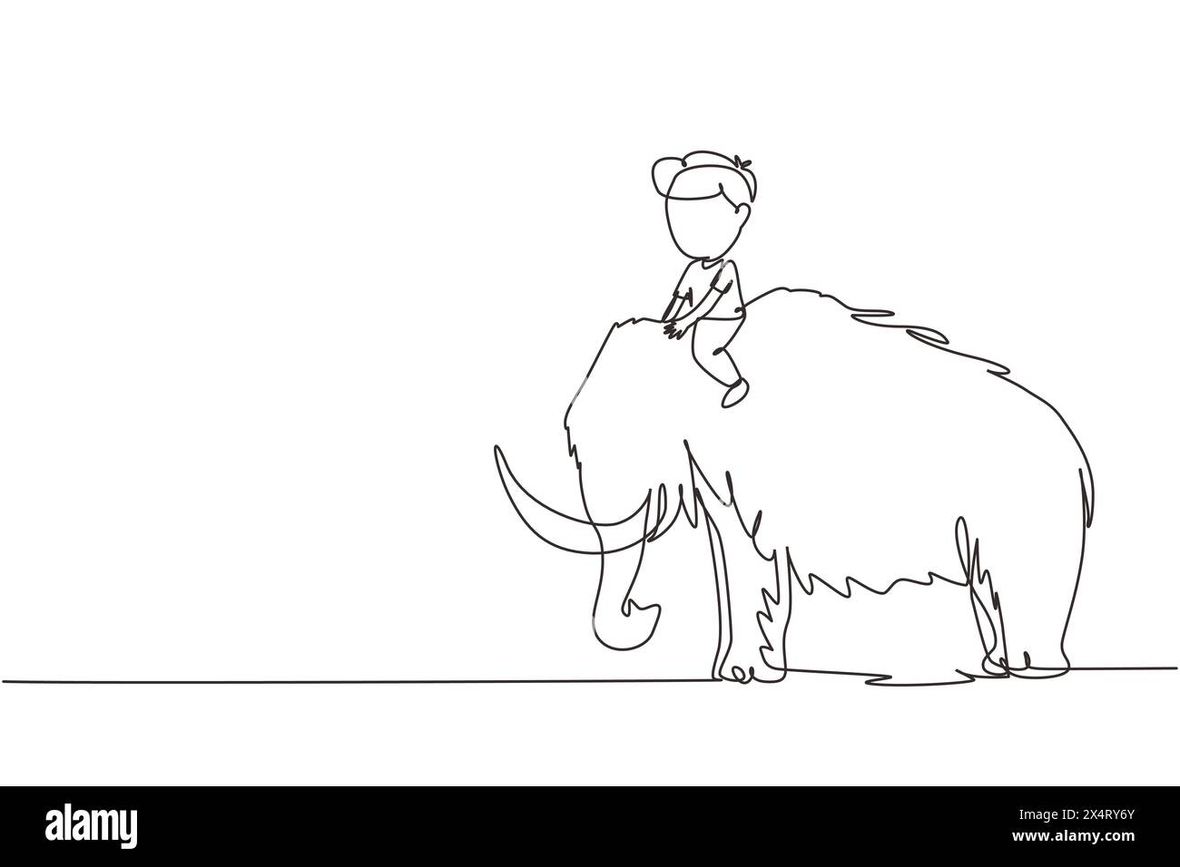 Continuous one line drawing little boy caveman riding woolly mammoth ...