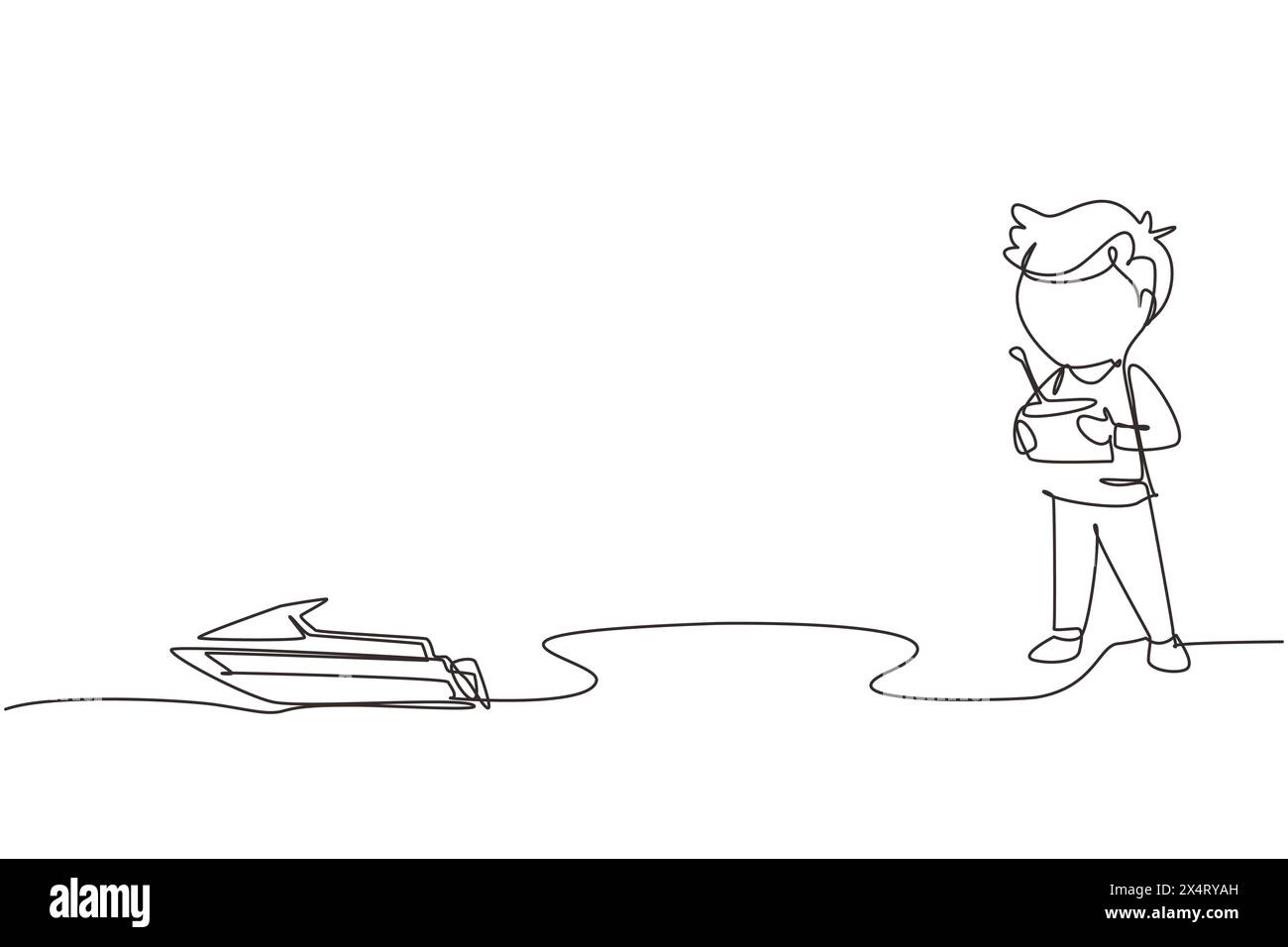 Continuous one line drawing boy playing with remote-controlled motor ...