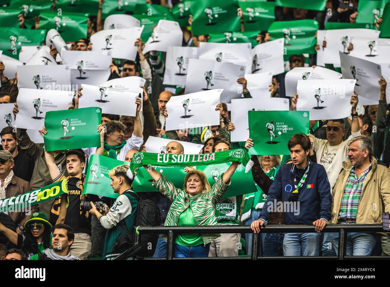 Lisbon, Portugal. 04th May, 2024. Sporting CP fans hold posters in ...