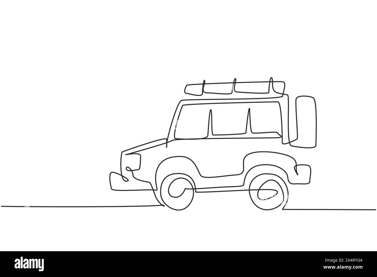 Continuous one line drawing car off road. Cartoon funny style. Side ...