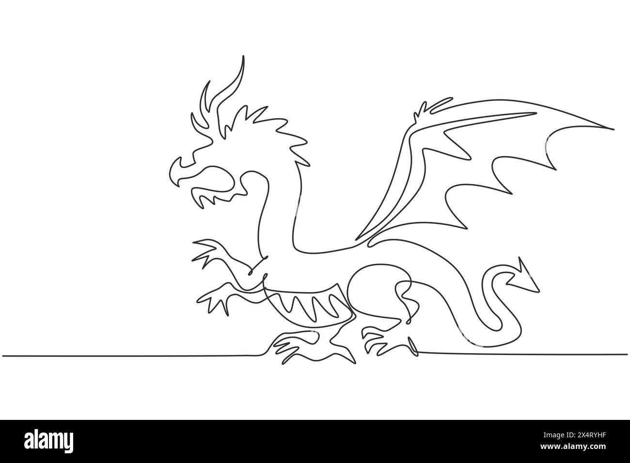 Continuous one line drawing fairy dragons. Funny fairytale dragon ...