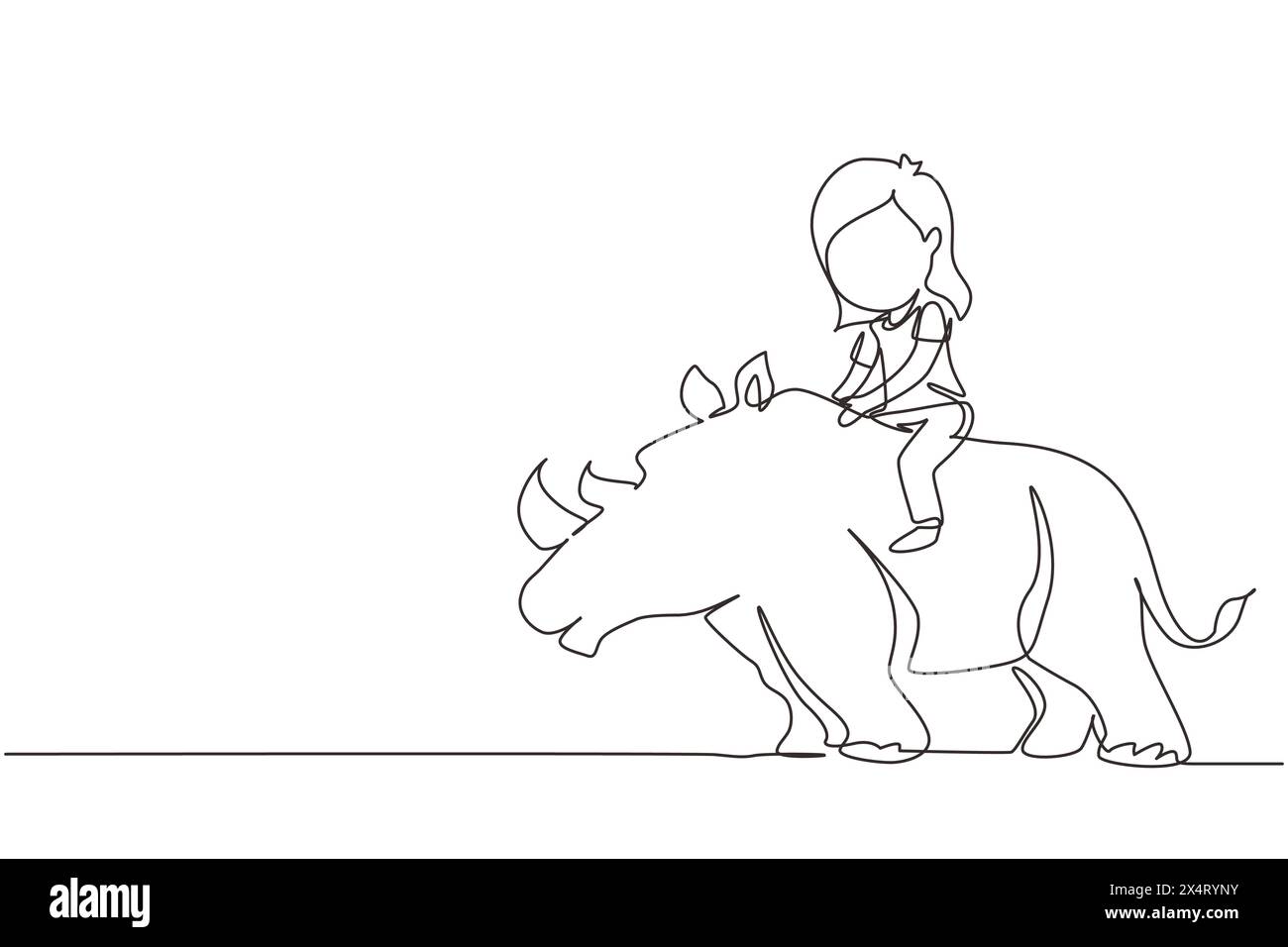 Single one line drawing happy girl riding rhino rhinoceros. Child ...