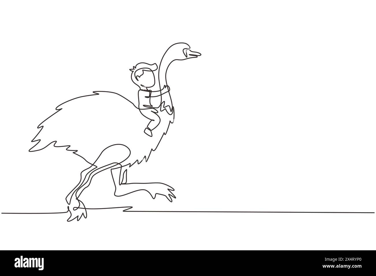 Single continuous line drawing happy little boy riding cute ostrich ...