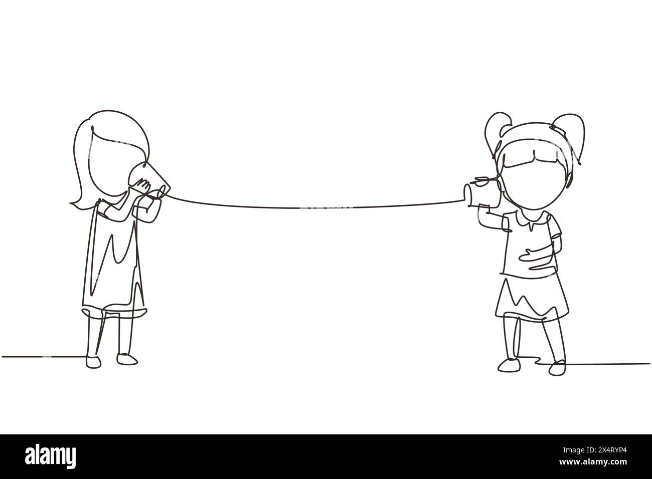 Single one line drawing girls speaking by tin can telephone. Two ...