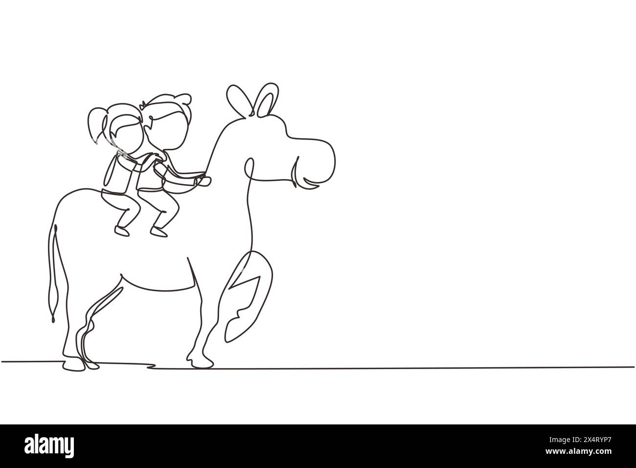 Single continuous line drawing happy cute boy and girl riding donkey ...