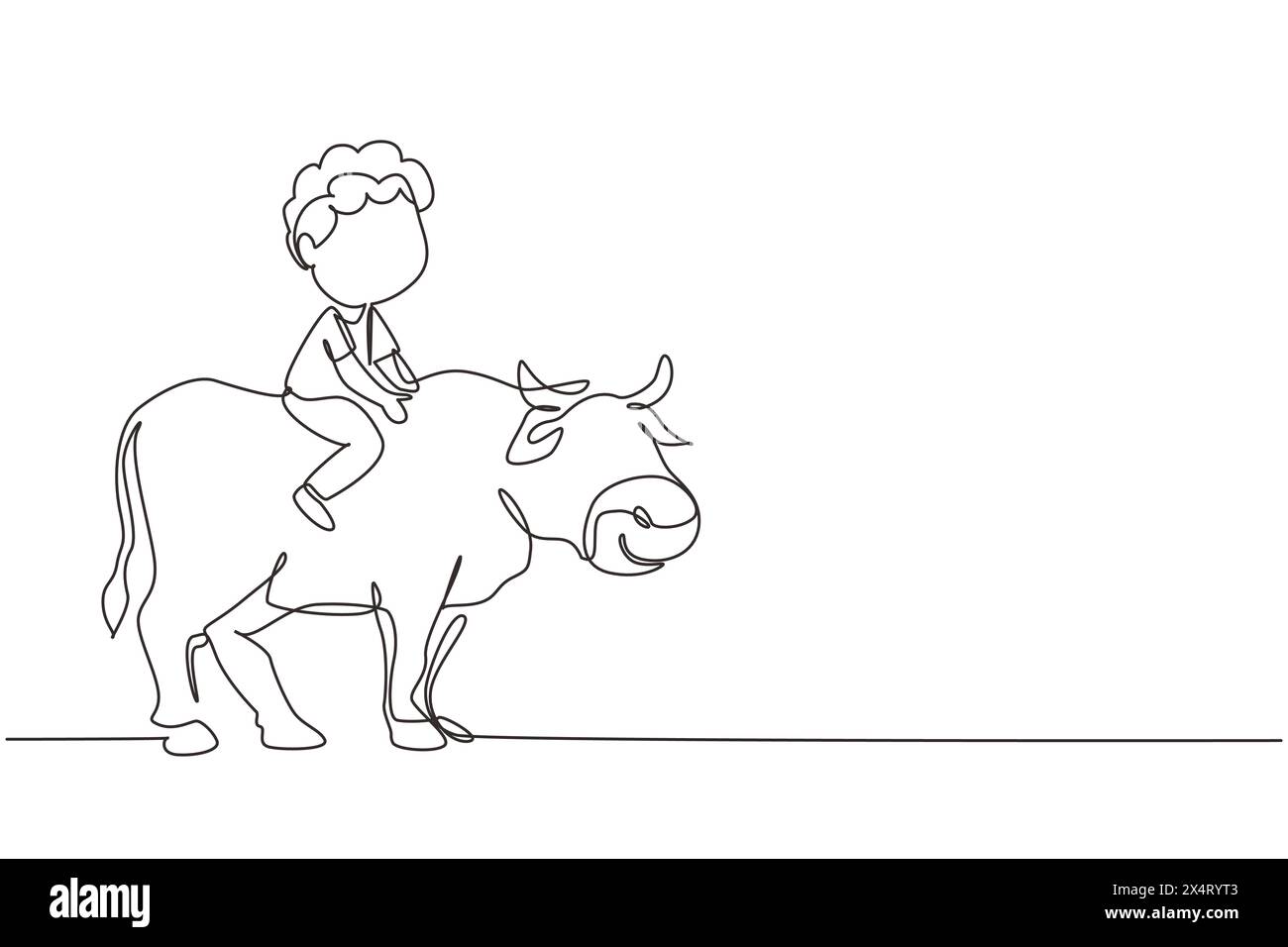 Continuous one line drawing happy little boy riding cow. Cheerful child ...
