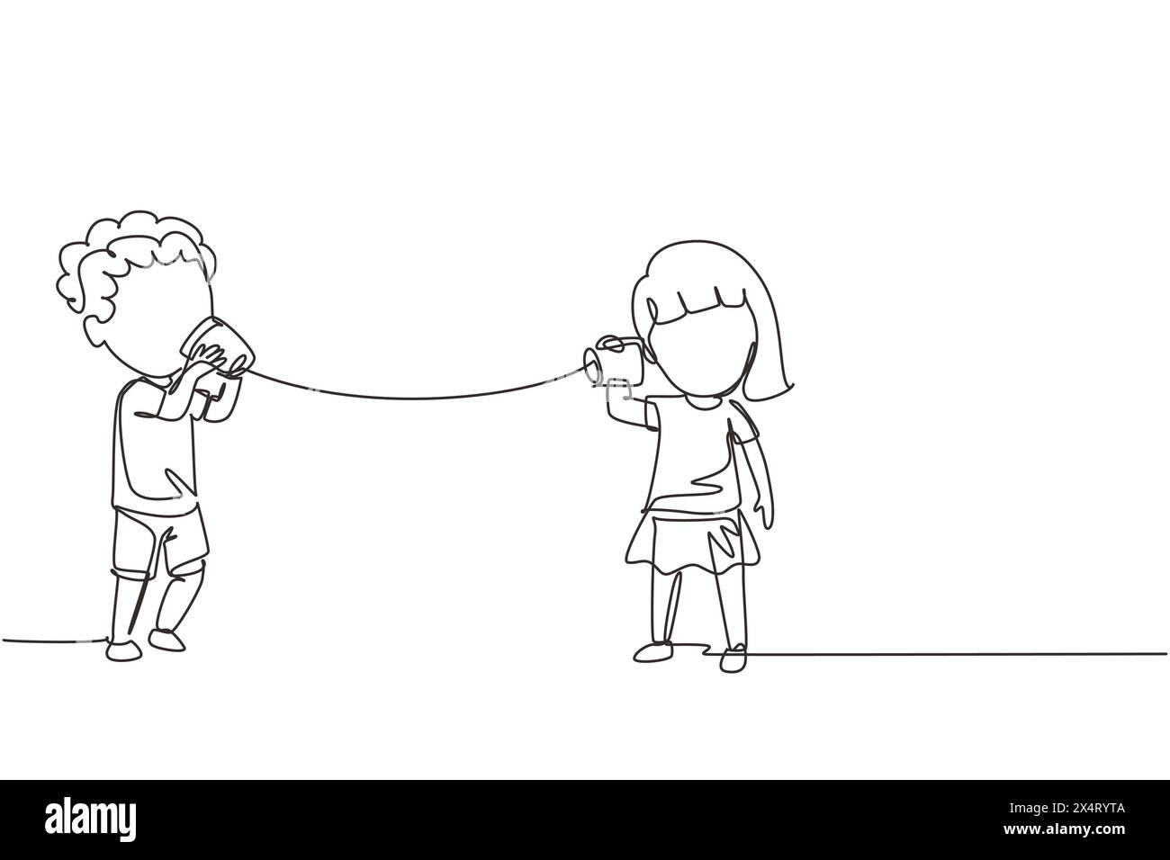 Continuous one line drawing boy and girl play toy phone. Two friends ...