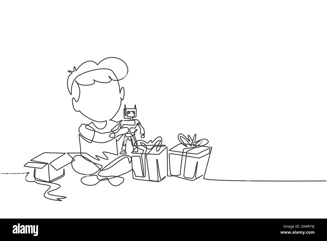 Single continuous line drawing excited little boy kid opening wrapped ...