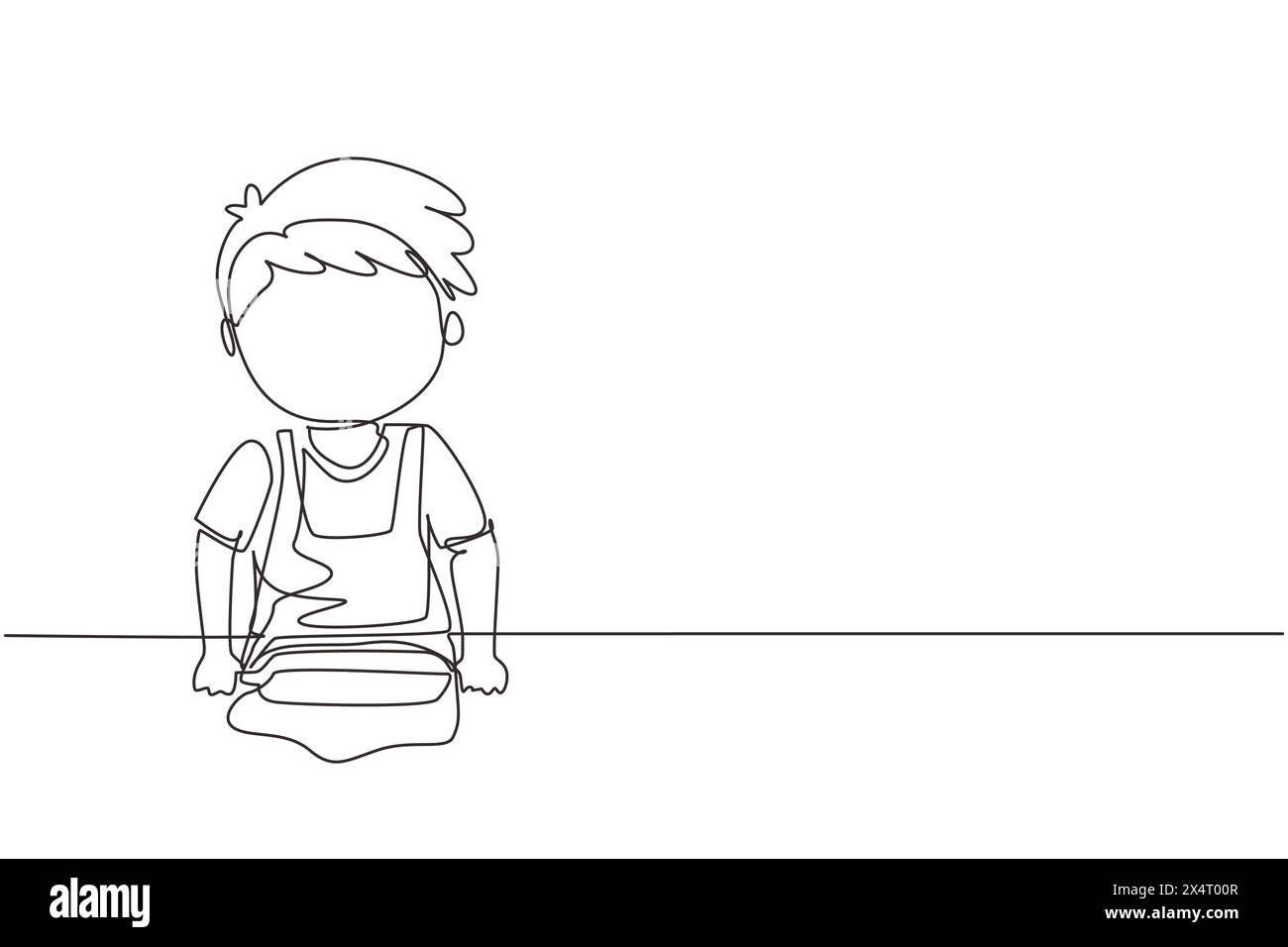 Single one line drawing little boy stretching dough with rolling pin ...