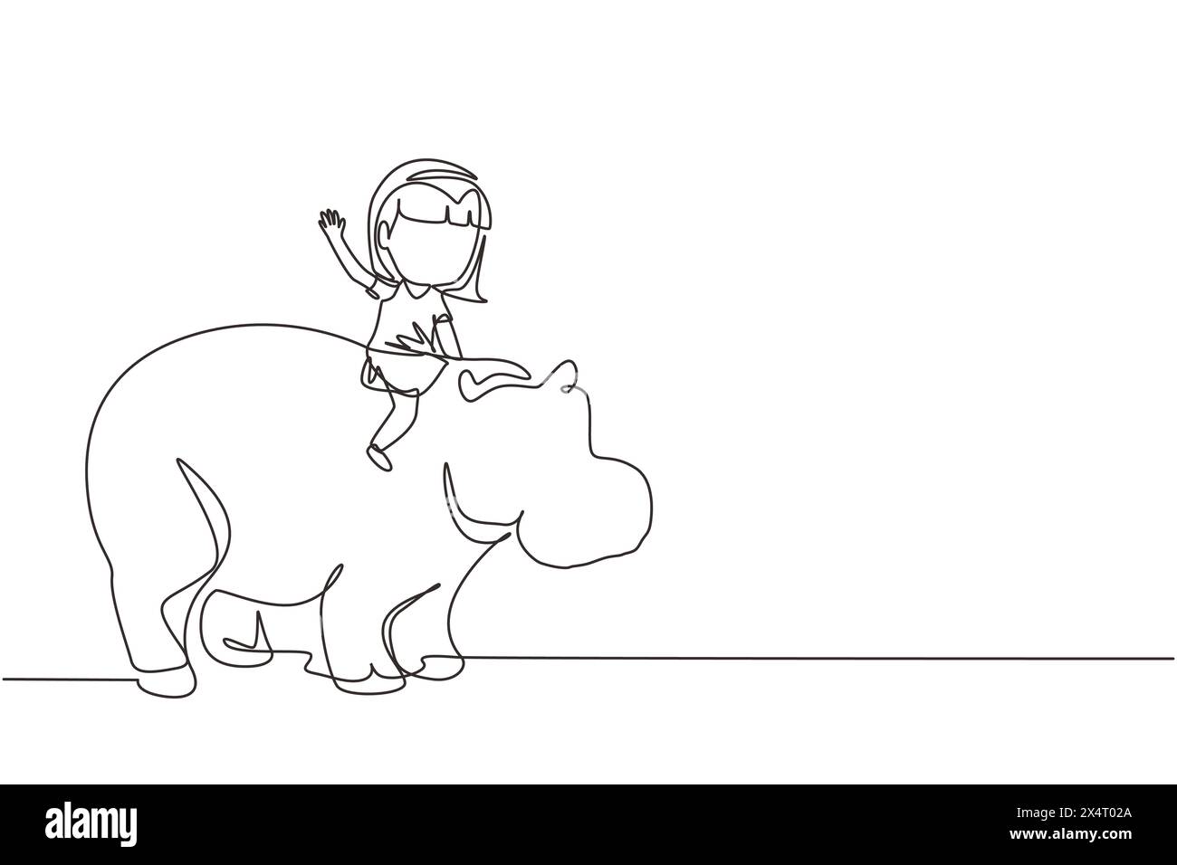 Continuous one line drawing happy little girl riding strong hippo ...