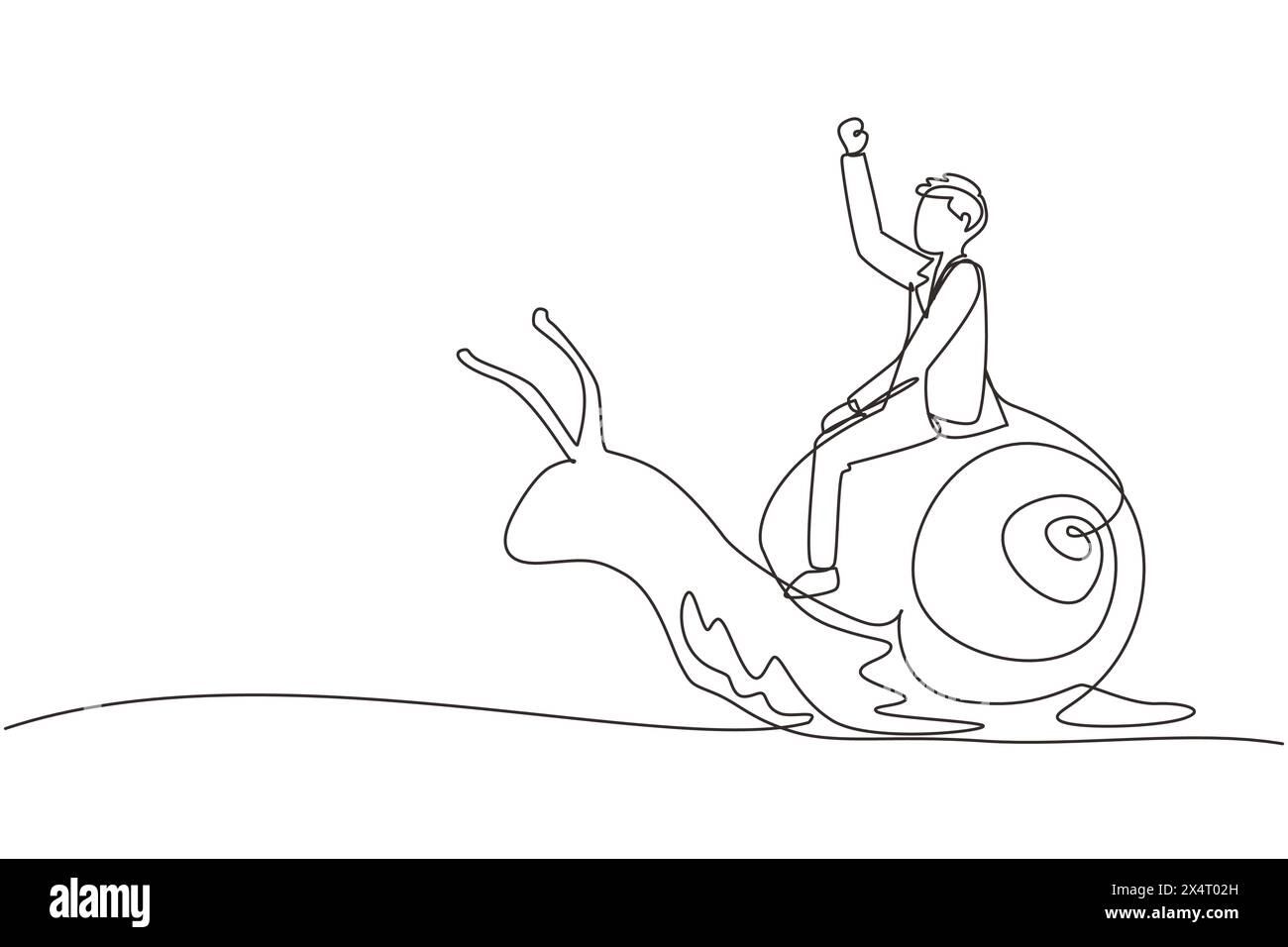 Single one line drawing businessman rides snail. Weak competitor ...