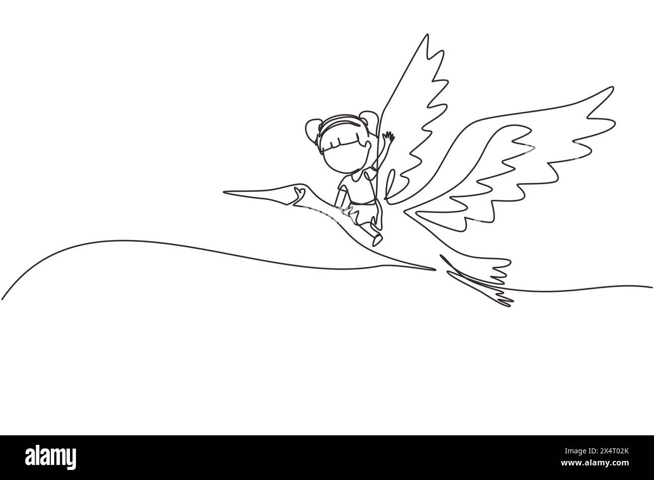 Single one line drawing happy little girl flying with stork. Child fly ...