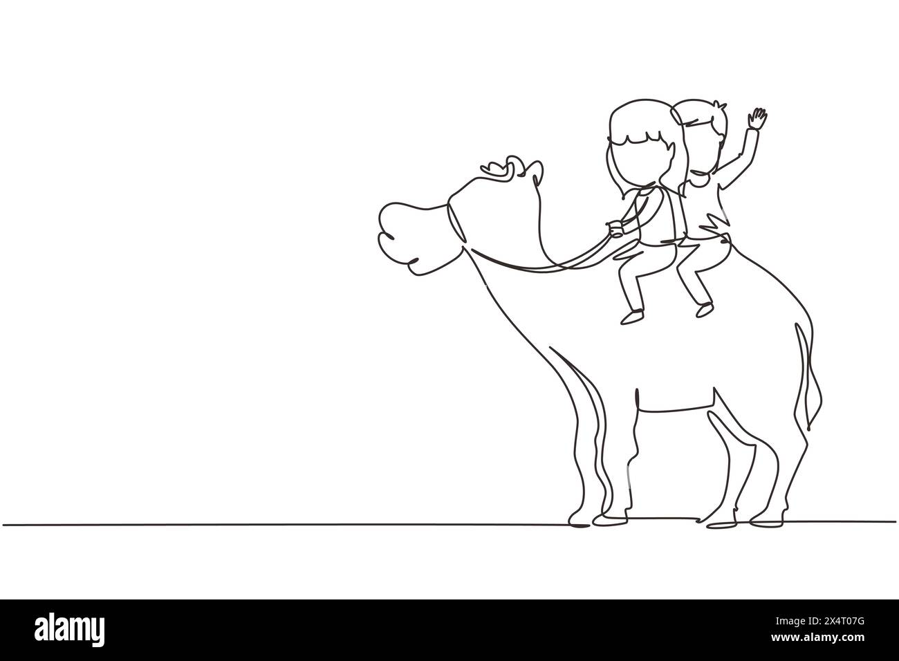Single one line drawing happy little boy and girl riding camel together ...