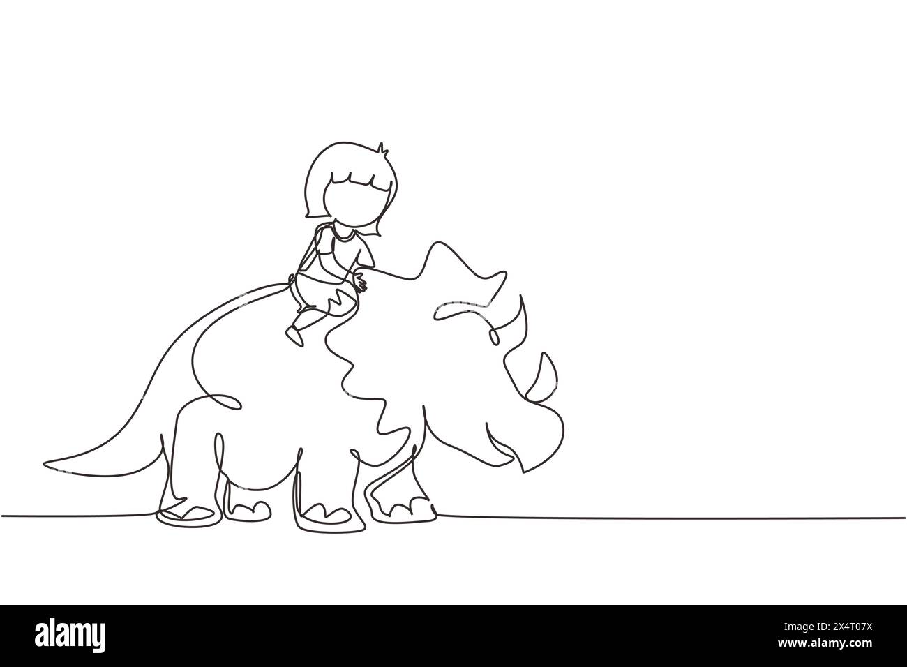 Continuous one line drawing little girl caveman riding triceratops ...