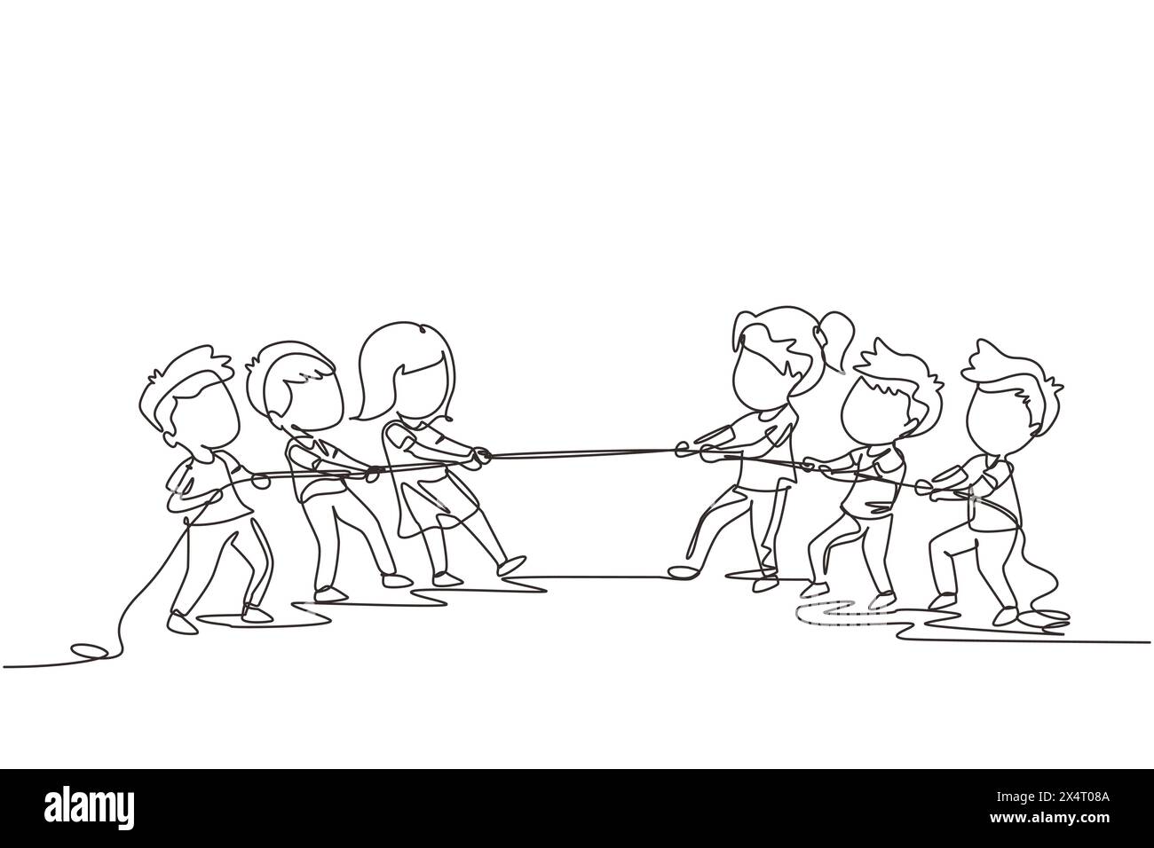 Continuous one line drawing group of children playing tug of war. Kids ...