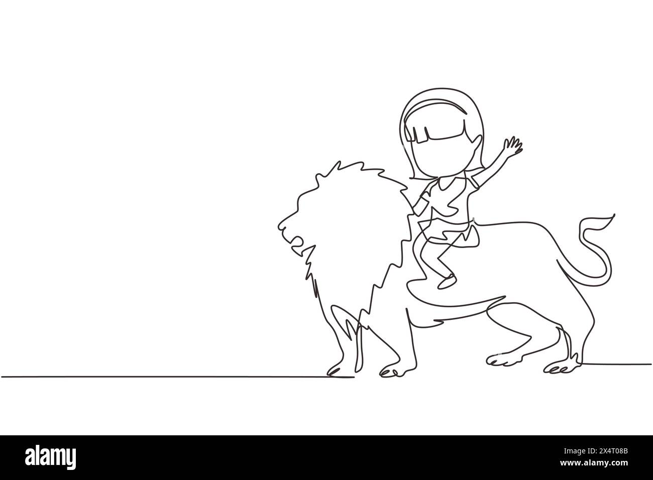 Single one line drawing happy little girl riding lion. Child sitting on ...