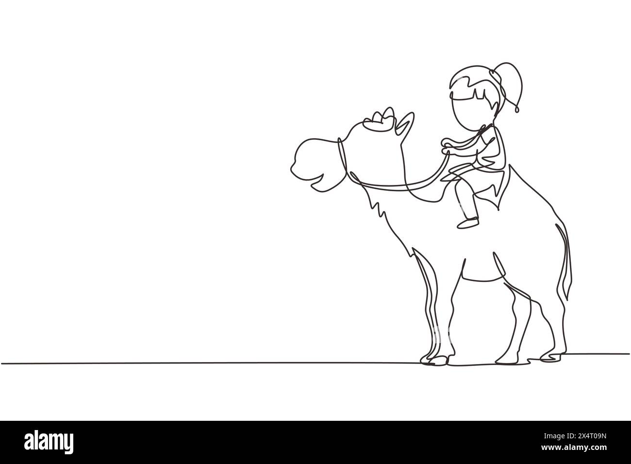 Single continuous line drawing happy little girl riding camel. Child ...