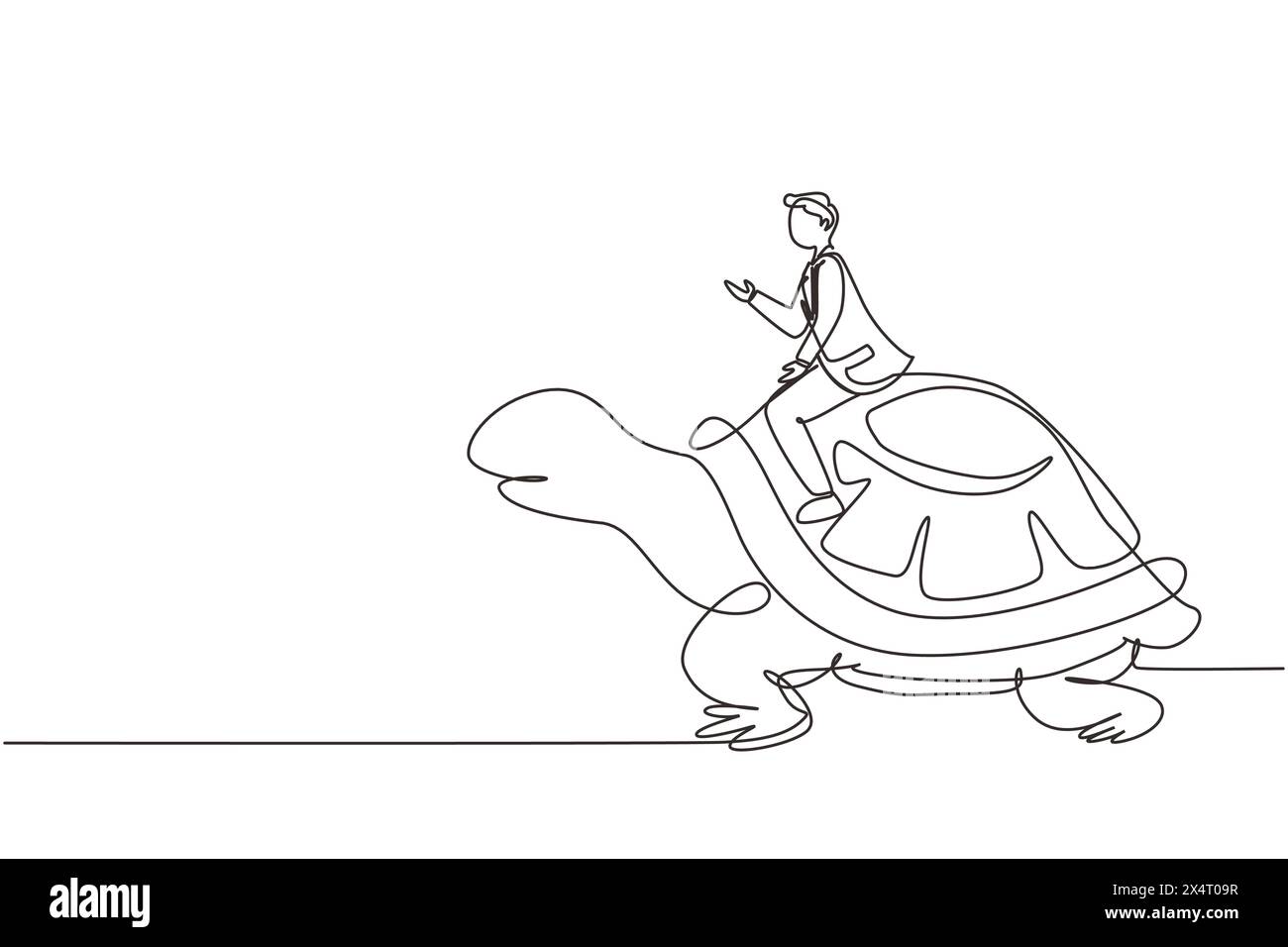 Continuous one line drawing businessman riding huge turtle. Slow ...