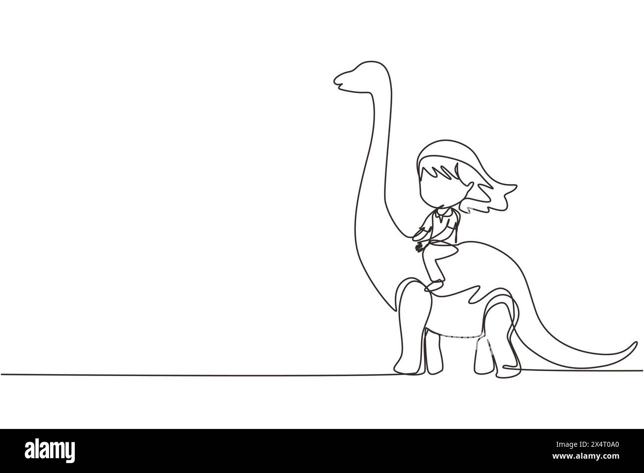 Single continuous line drawing little girl caveman riding brontosaurus ...