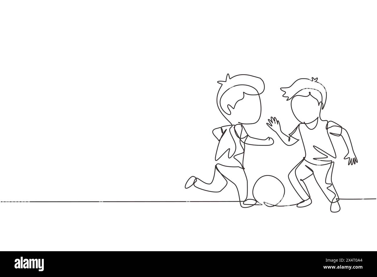 Single one line drawing boys playing football together. Two happy ...
