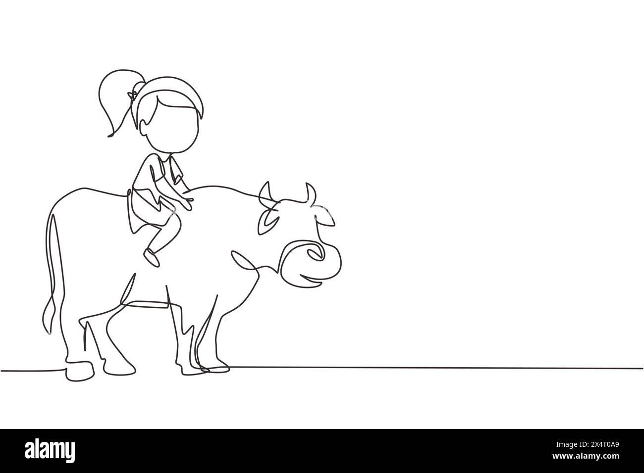 Continuous one line drawing happy little girl riding cow. Cheerful ...