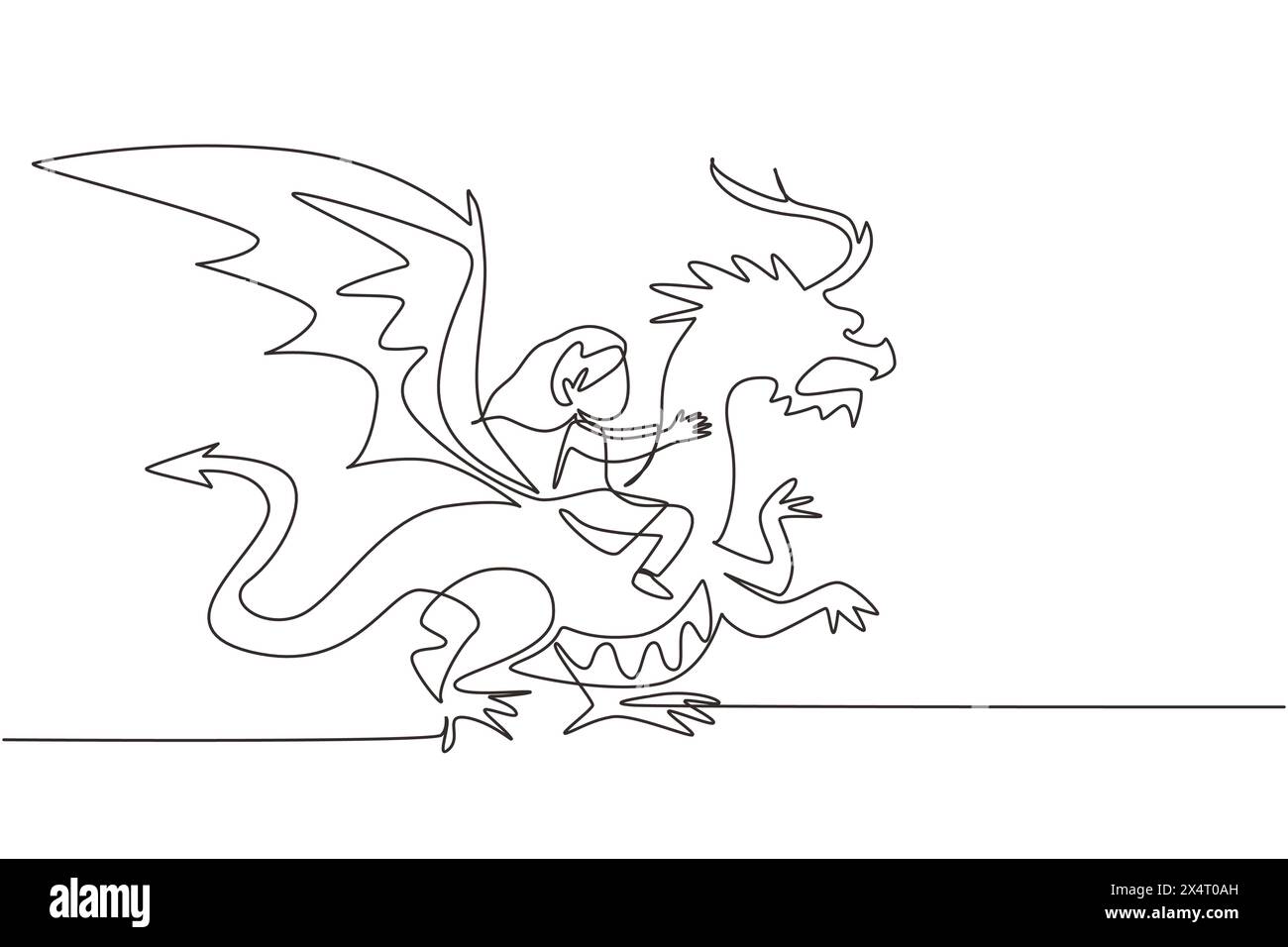 Single one line drawing happy little girl flying with fantasy dragon ...