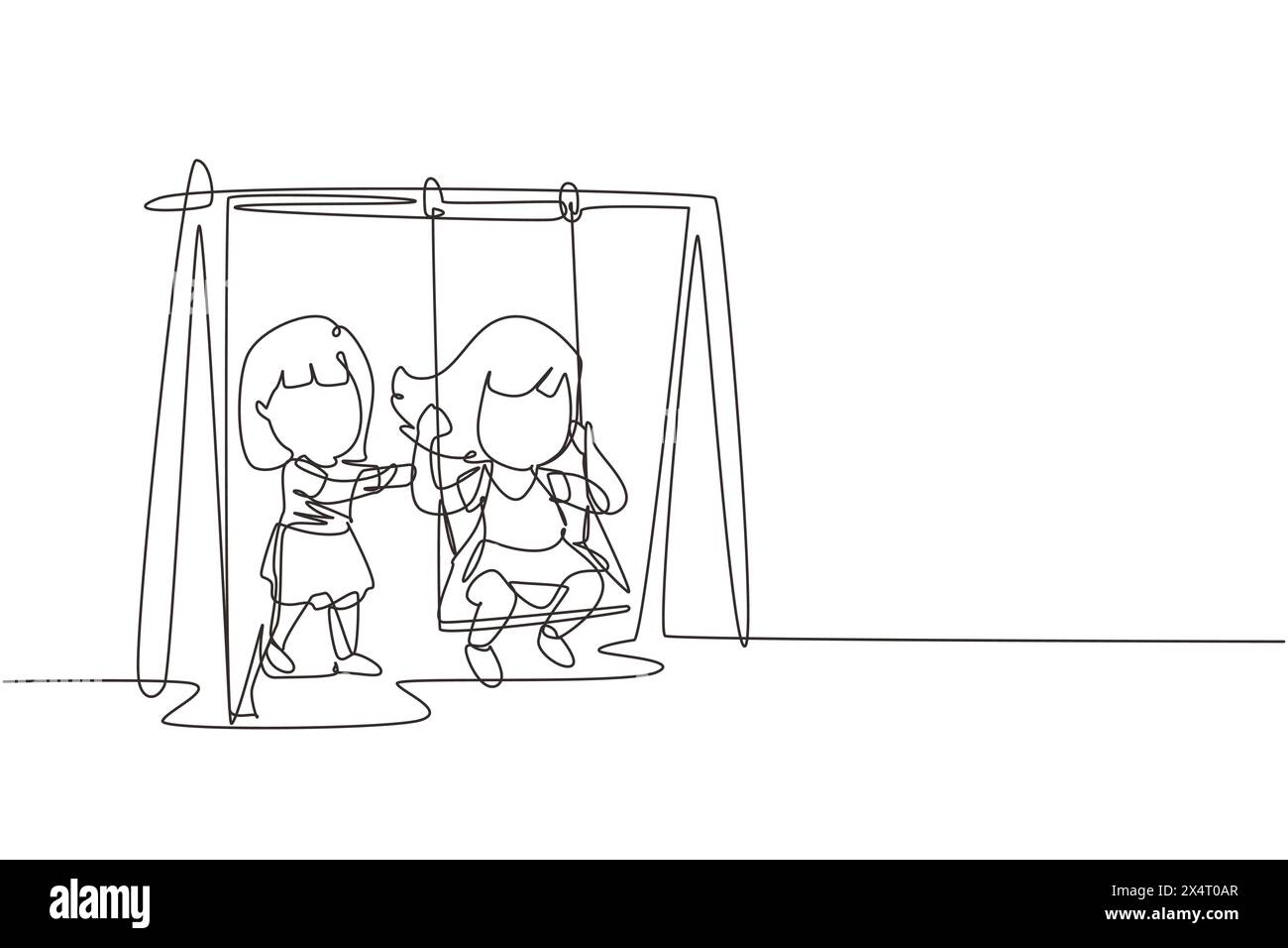 Single continuous line drawing little girl swinging on swing and her ...