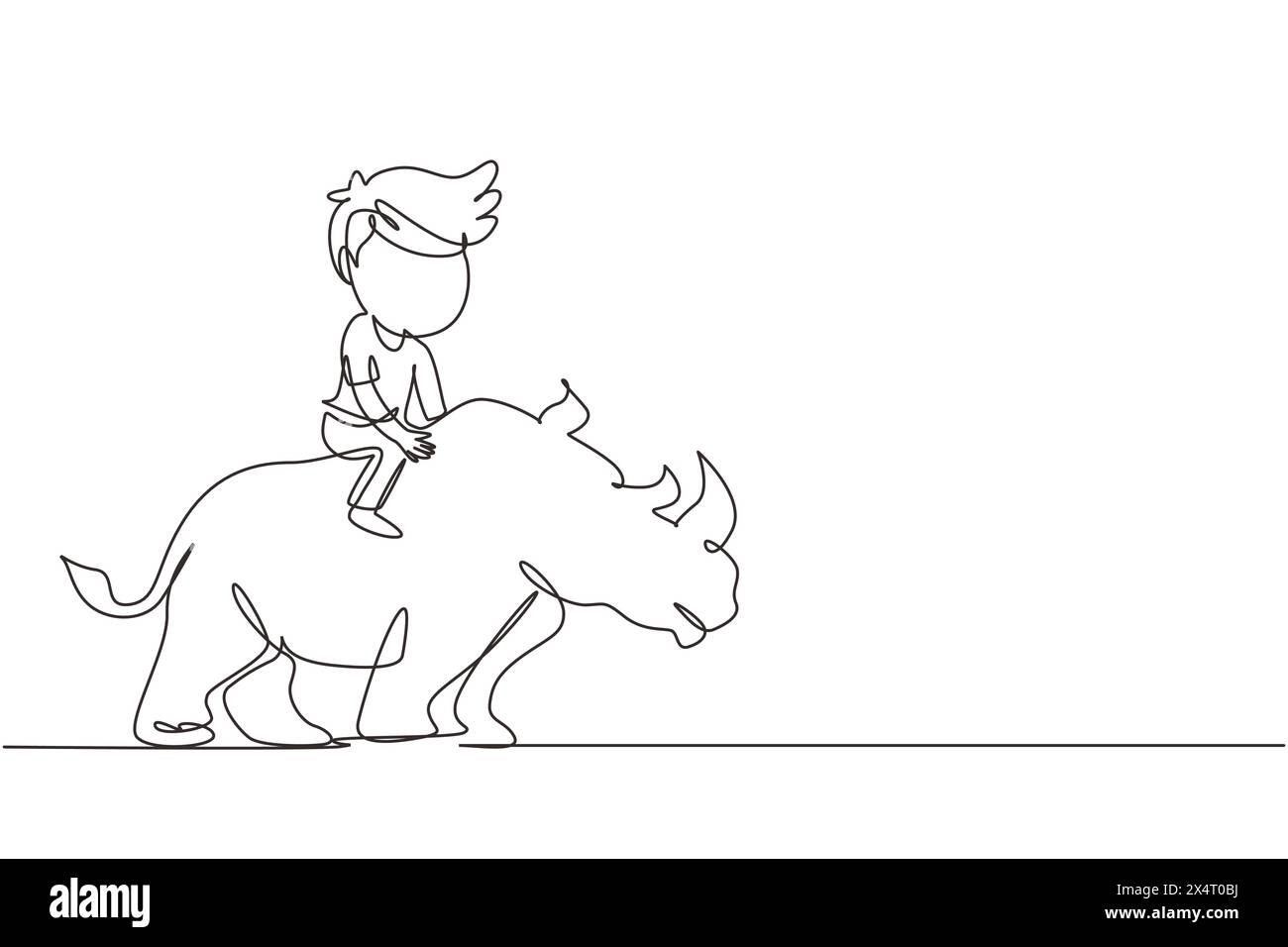 Single one line drawing happy boy riding rhino rhinoceros. Child ...
