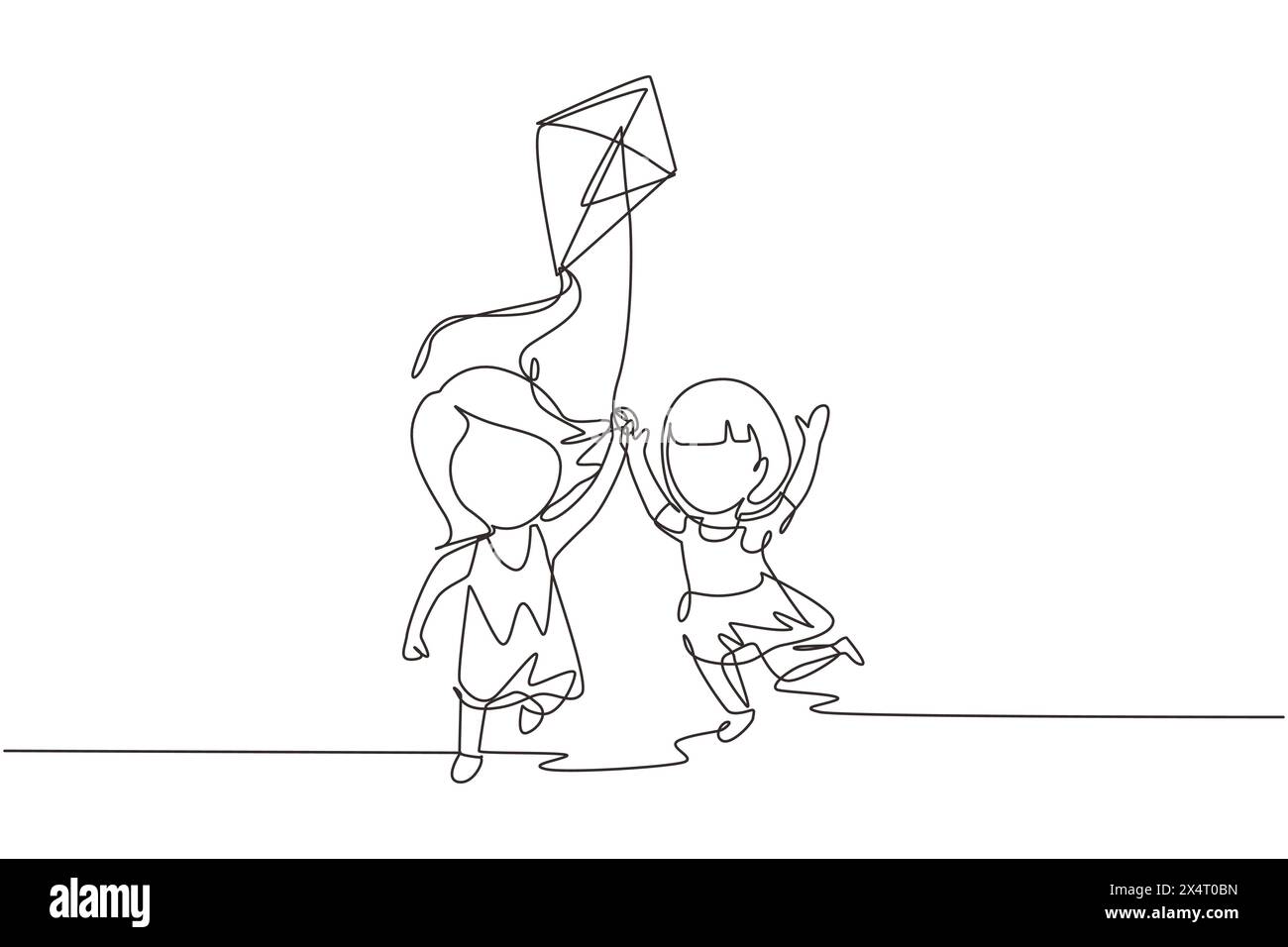 Single one line drawing two girl playing to fly kite up into sky at ...
