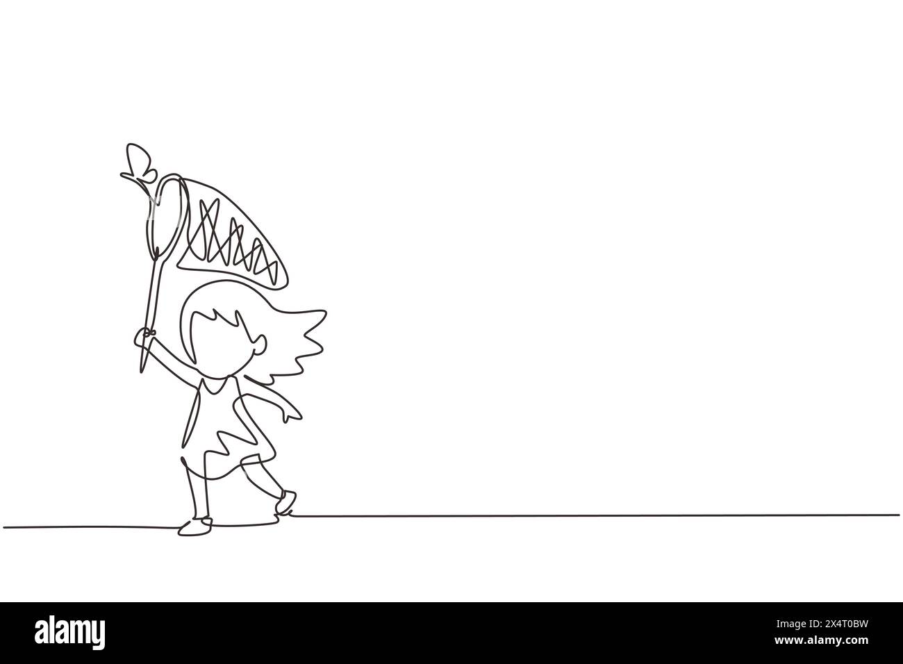 Single one line drawing cute little girl catches butterfly. Happy child ...