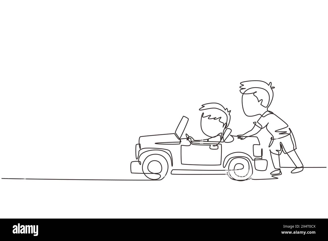 Continuous one line drawing a boy is pushing his friend's car in the ...