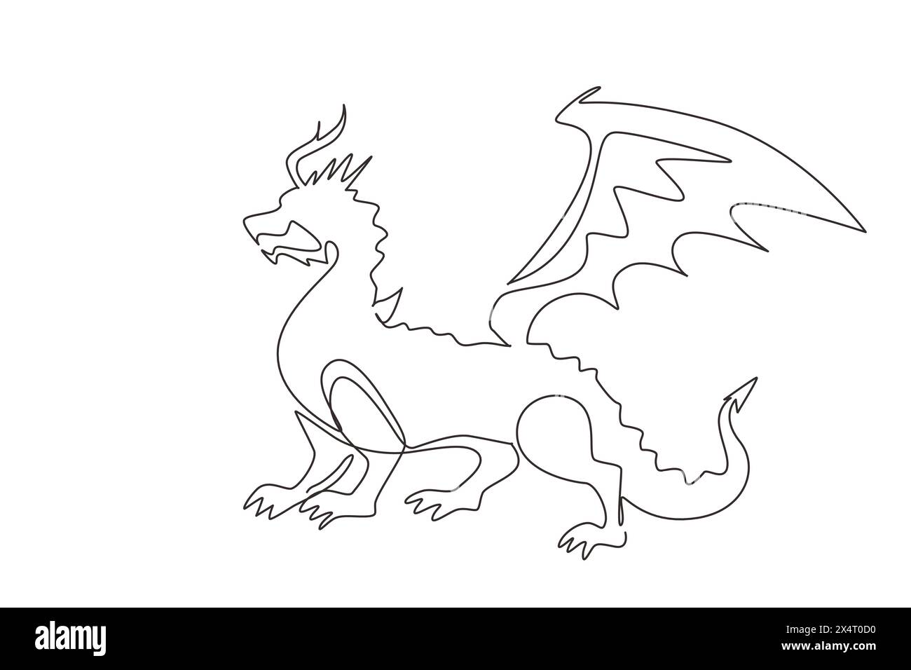Single one line drawing strong fairytale dragon, magic lizard with ...
