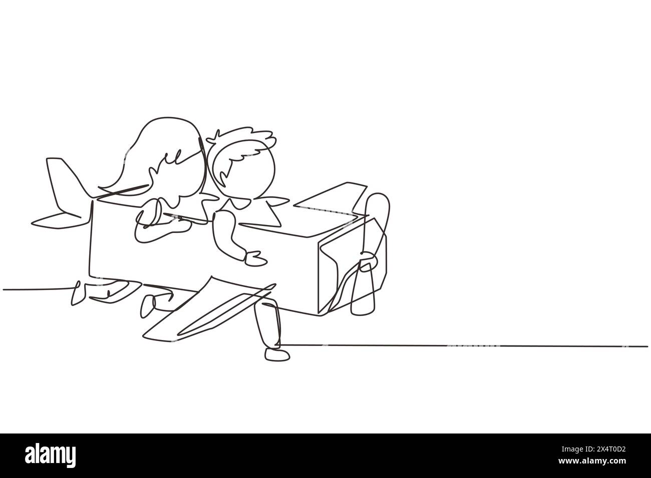 Continuous one line drawing creative kids playing as pilot with ...