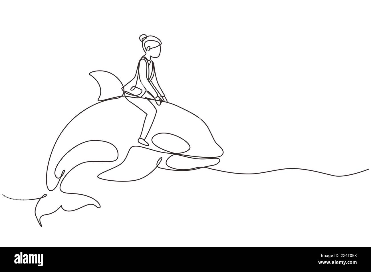 Continuous one line drawing brave businesswoman riding huge dangerous ...