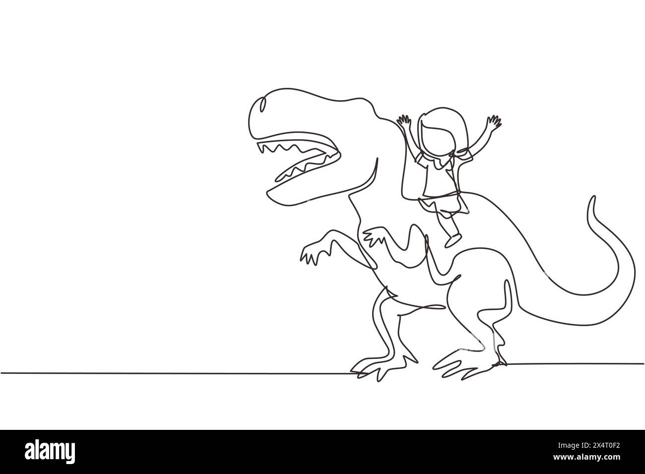 Single continuous line drawing girl caveman riding t-rex tyrannosaurus ...