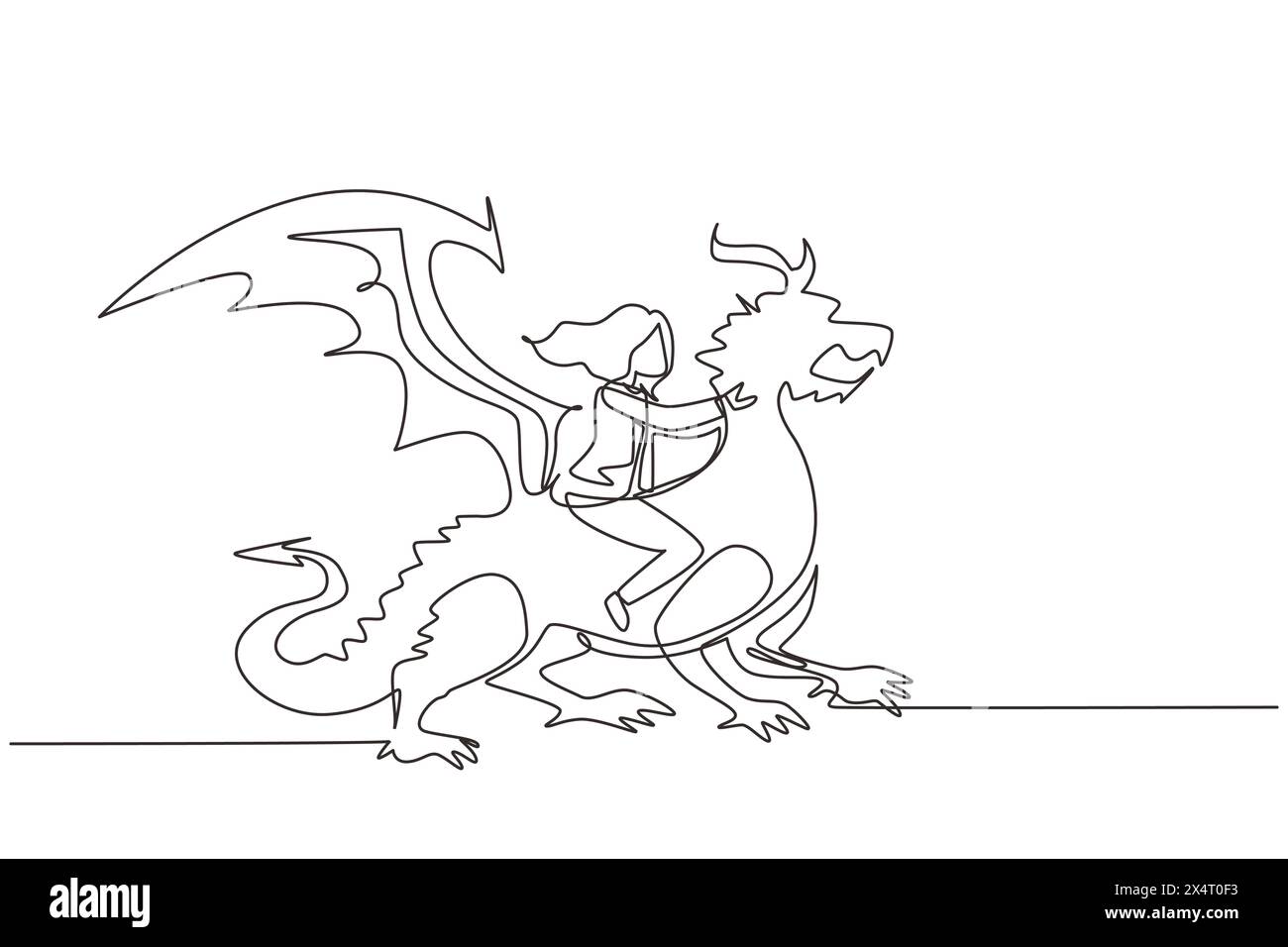 Single one line drawing businesswoman riding dragon. Conquering ...