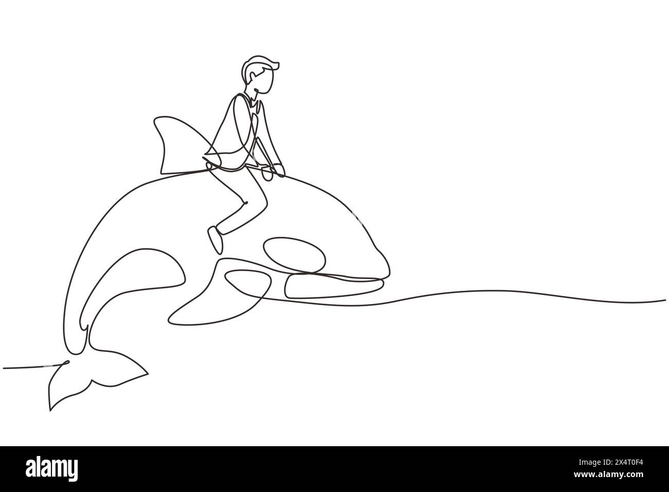 Single one line drawing brave businessman riding huge dangerous orca ...