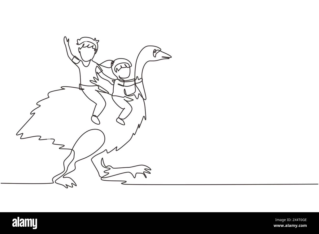 Continuous one line drawing happy little boy and girl riding cute ...