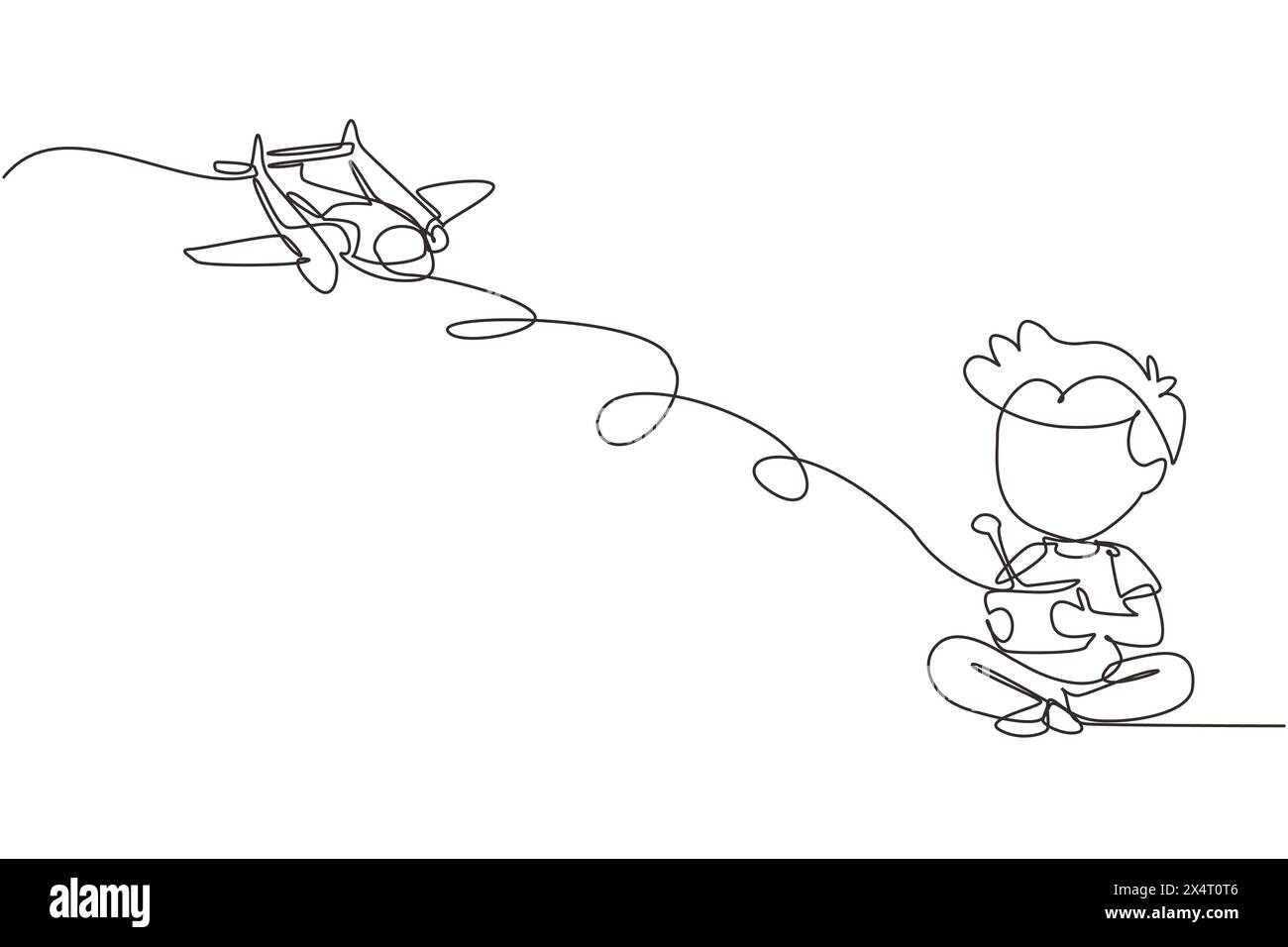 Single one line drawing boy playing with remote-controlled toy airplane ...