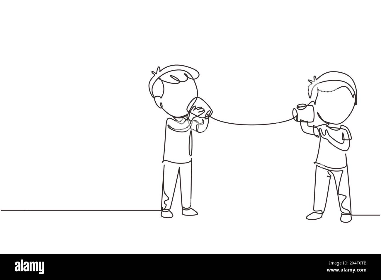 Single continuous line drawing little boys talk using string phone ...