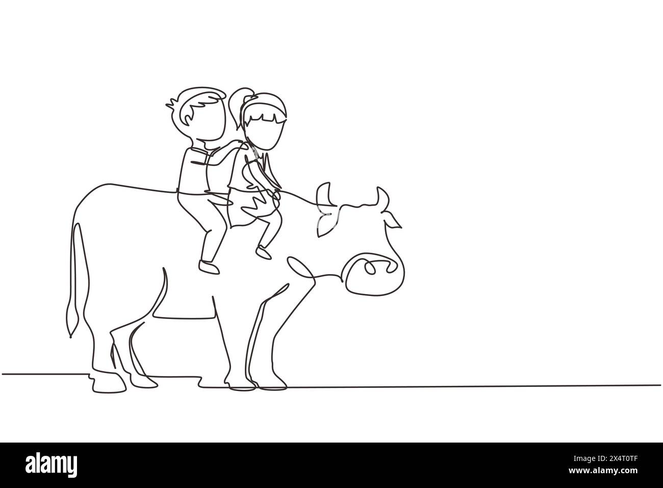 Single one line drawing happy little boy and girl riding cow together ...