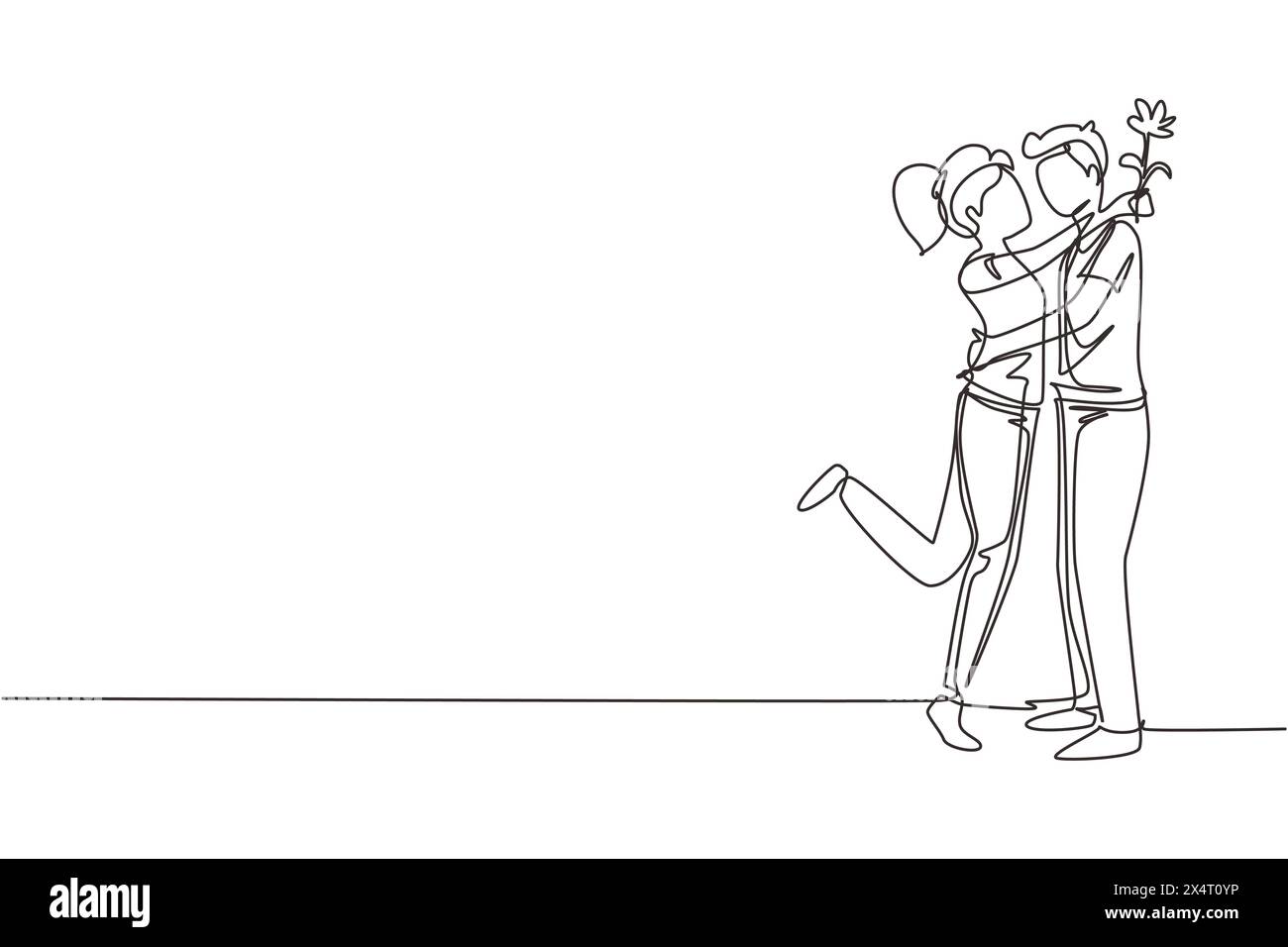Single one line drawing boy giving rose flower to girl. Man in love ...